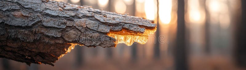 Golden Amber Tree Resin Slowly Drips from the Rough Surface of Bark ...