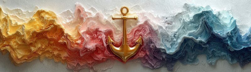 Golden Anchor Surrounded by Colorful Abstract Waves on Textured ...