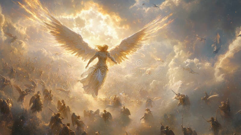 Golden Angel Descending upon a Battlefield Stock Illustration ...