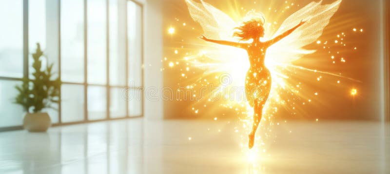 Golden Angel Flying in Bright Room with Open Arms Stock Photo - Image ...