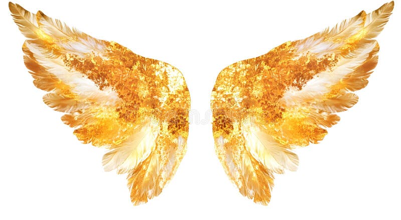 Golden Angel Wings with Feather Texture White Background Stock ...
