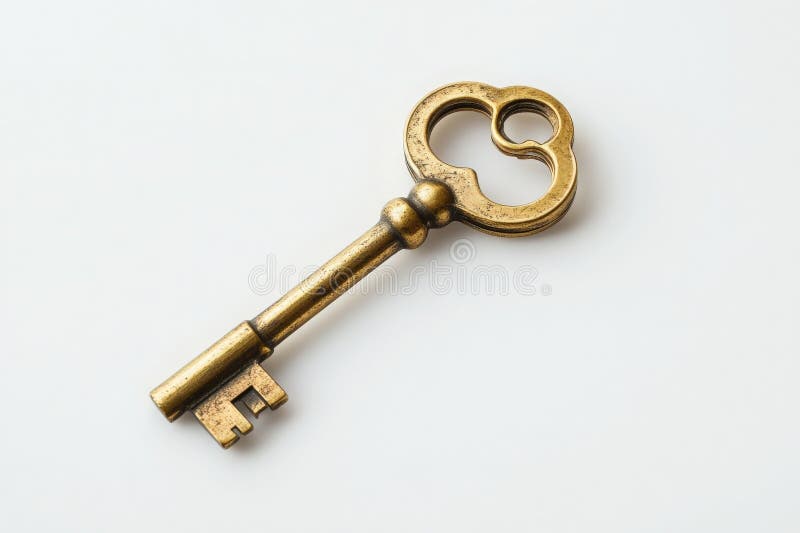 A Golden Antique Key Placed Next To a Small Matching Lock on a Plain ...