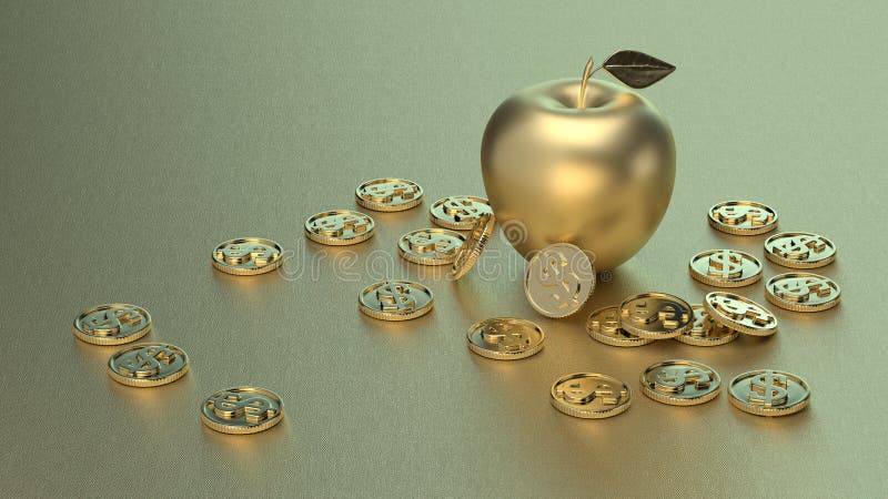 Golden Apple and Gold Coins, 3D Rendering. 3D Illustration Stock ...