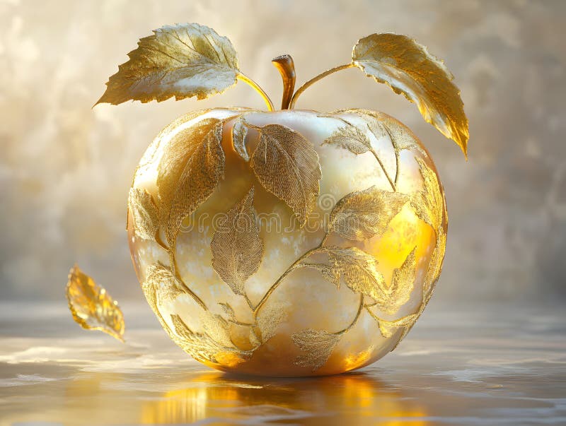 Golden Apple with Leaf Design, Textured, Artistic Representation Stock Illustration ...