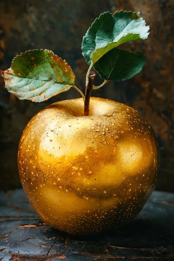 Golden Apple with Leaf on a Wooden Table. Generative AI Stock Photo ...