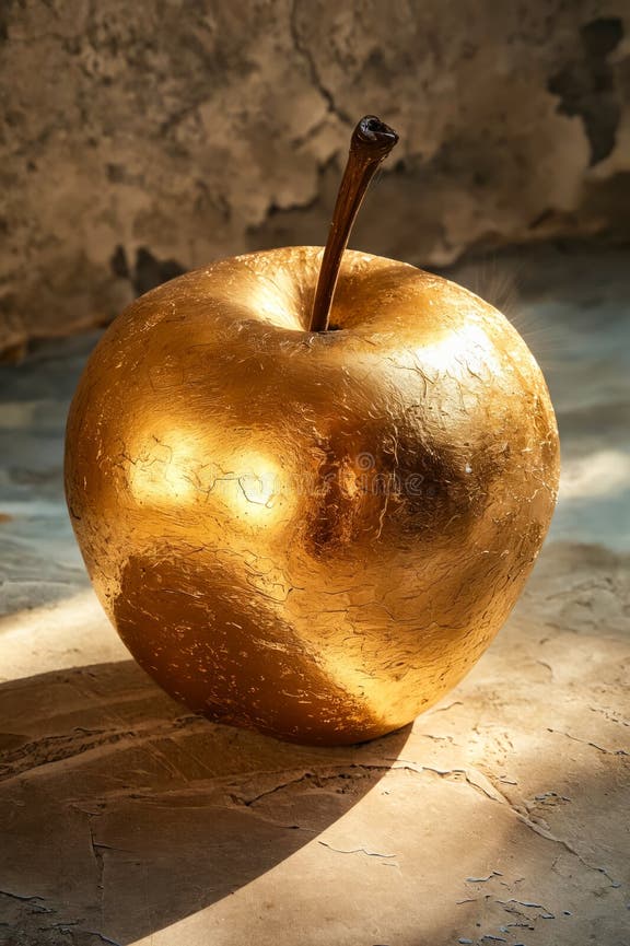 A Golden Apple with a Stem and Leaf on Top of it, Sitting on a Table ...
