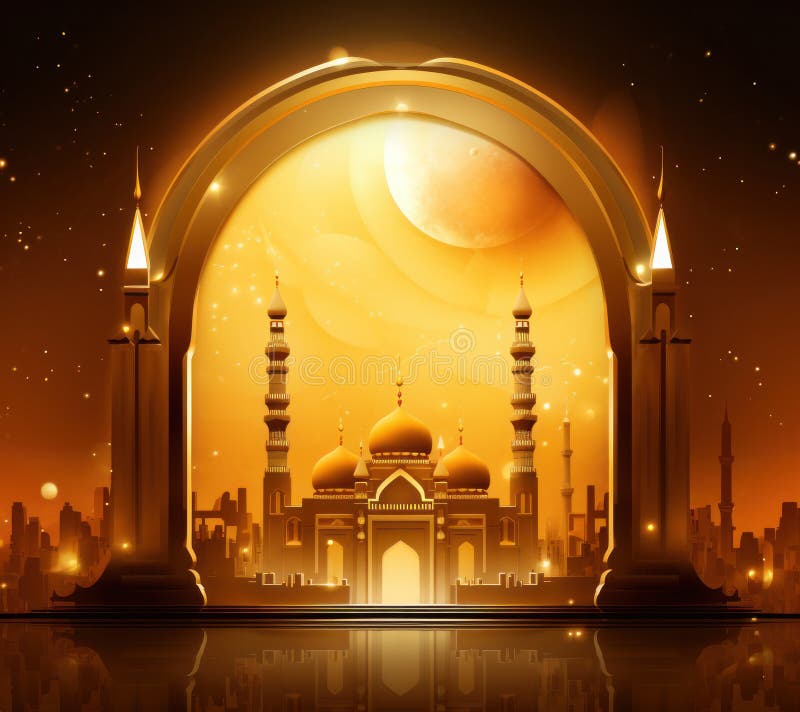 A Golden Arabic Backdrop with Mosque and Crescent Moon, Stock ...