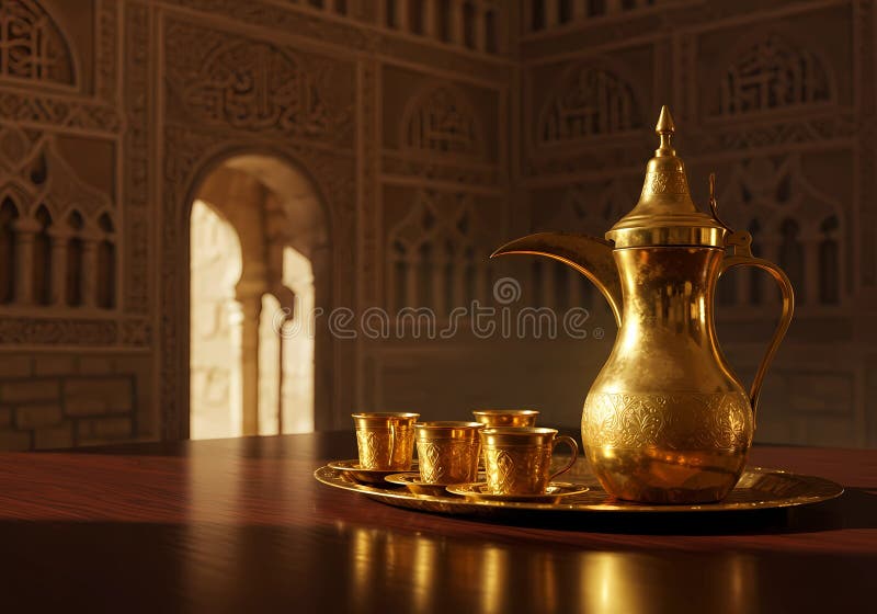 Golden Arabic Coffee Set in Ornate Interior Stock Image - Image of ...