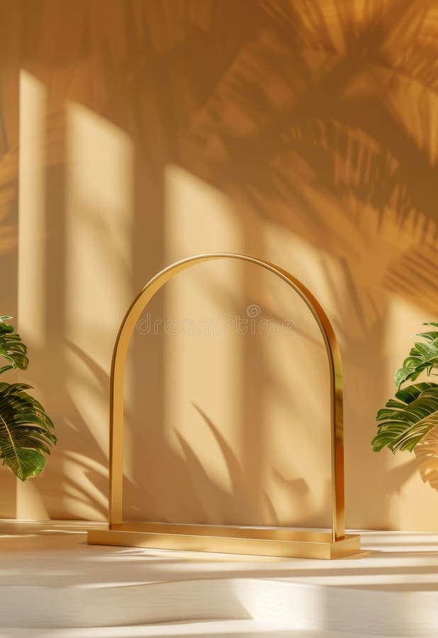 Golden Arch on Podium with Plants in Modern Interior Design Stock Photo ...