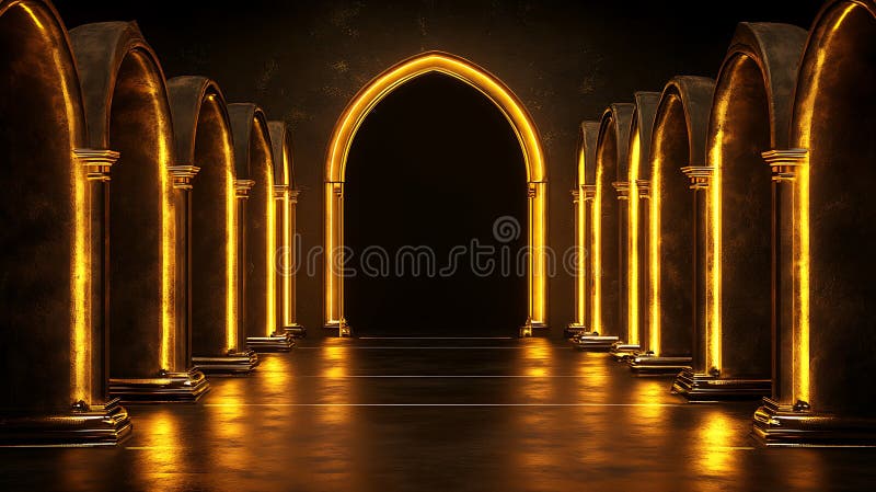 Golden Archway Corridor Illuminated Pathway Stock Illustration ...