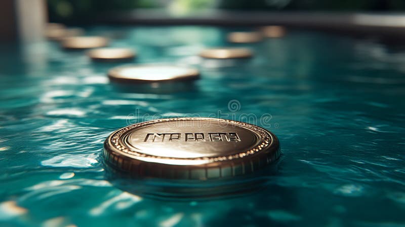 Golden Arena Tokens Float on Teal Water Stock Image - Image of currency ...