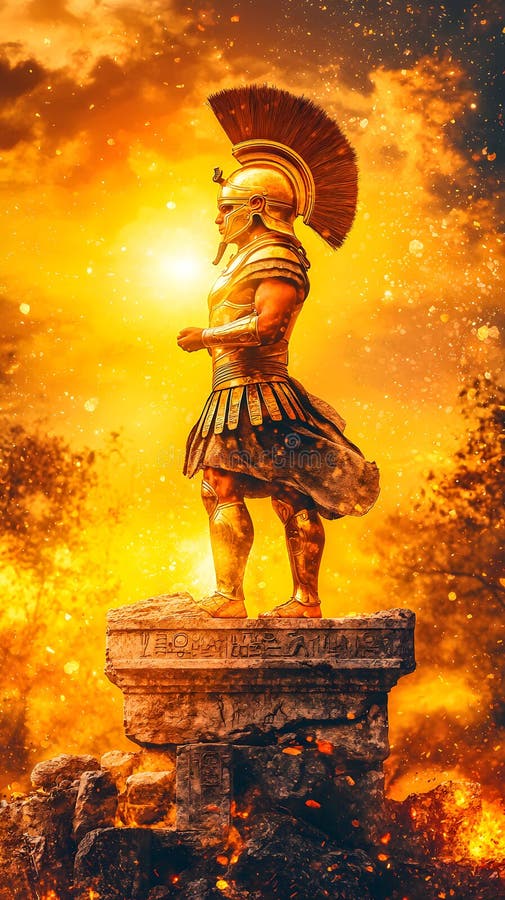 Golden Armored Warrior Against a Fiery Backdrop Stock Photo - Image of ...