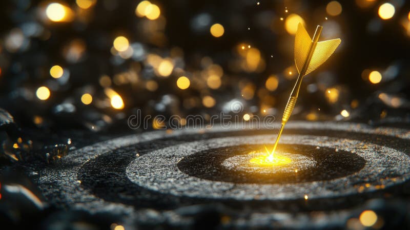 Golden Arrow Hitting Bullseye with Glowing Target and Sparkling Lights ...