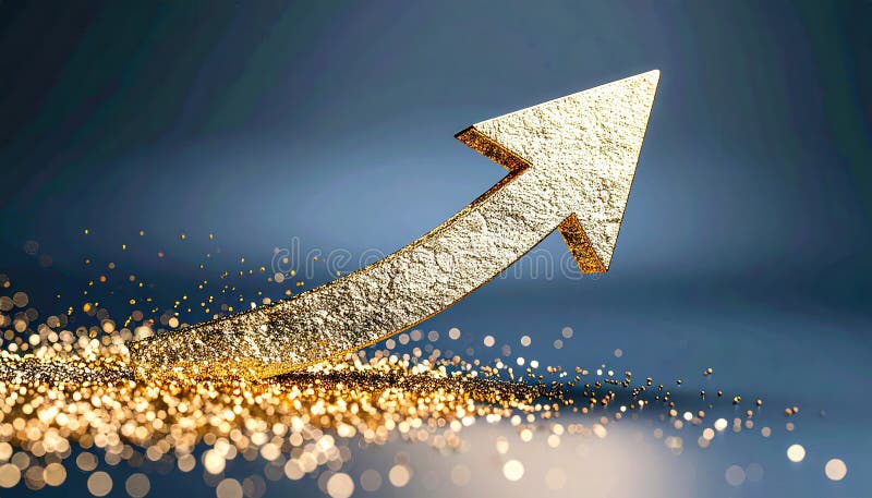 Golden Arrow Rising with Sparkling Particles on Dark Background Stock Illustration ...