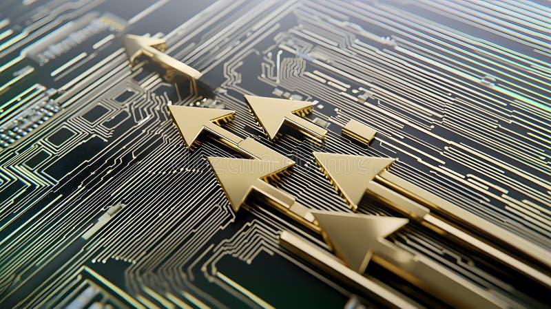 Golden Arrows on a Circuit Board Background Stock Illustration ...