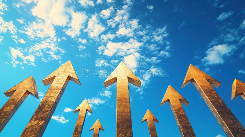 Golden Arrows Pointing Upwards Against Blue Sky with Clouds Stock Image ...