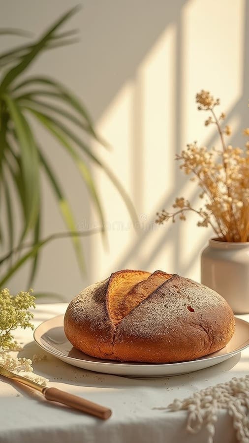 Golden Artisan Bread on Sunlit Table with Dried Flowers and Greenery ...