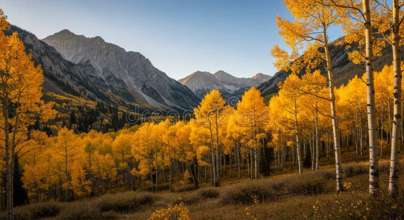 Golden Aspen Trees in Mountain Valley at Autumn Stock Illustration ...