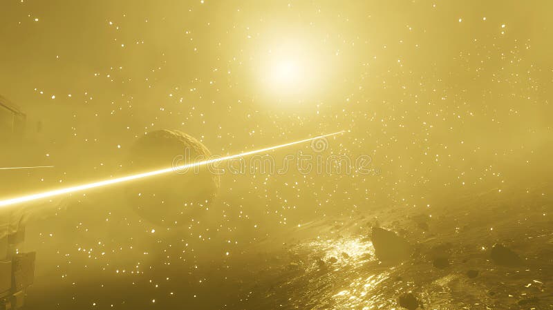 Golden Asteroid Field with Laser Beam and Sun Stock Image - Image of ...