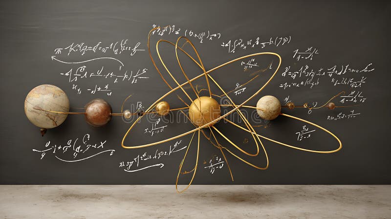 Golden Atom and Planetary Orbits on Dark Chalkboard Stock Illustration ...