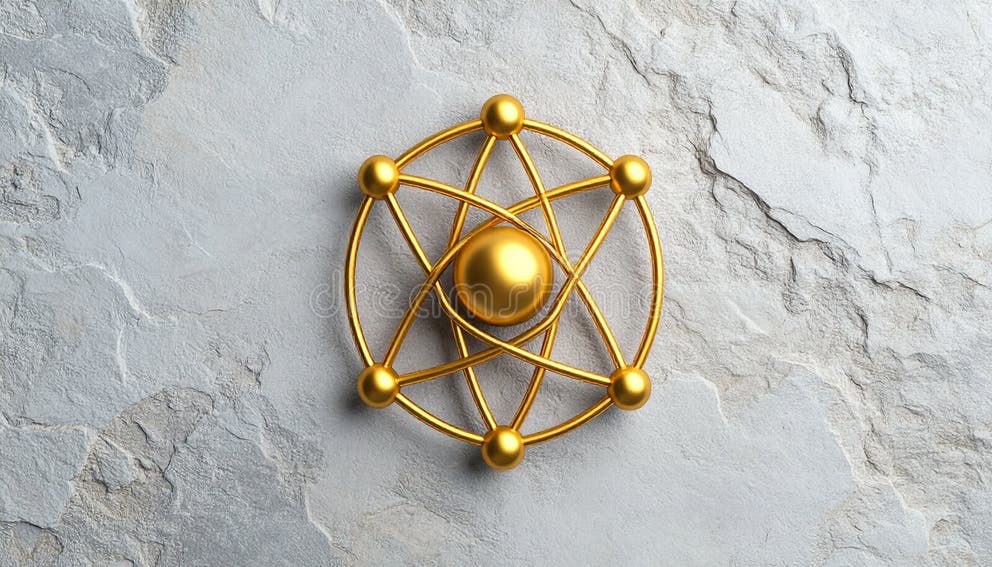 Golden Atomic Model on Gray Textured Surface Abstract 3D Rendering of a ...