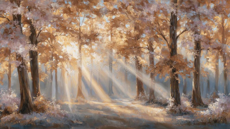 Golden Autumn Forest with Falling Leaves, Soft Light Rays through Trees ...