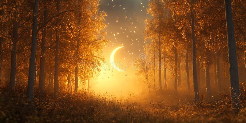 Golden Autumn Forest Path Magical Crescent Moon in the Dusk Stock ...