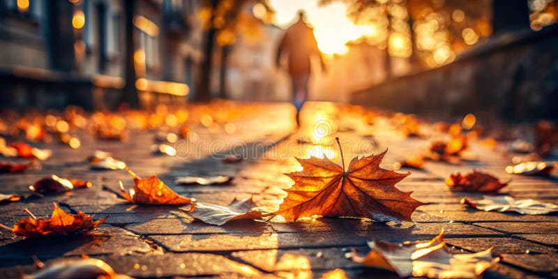 Golden Autumn Leaf on a Sunlit Cobblestone Path. Generative AI Stock ...
