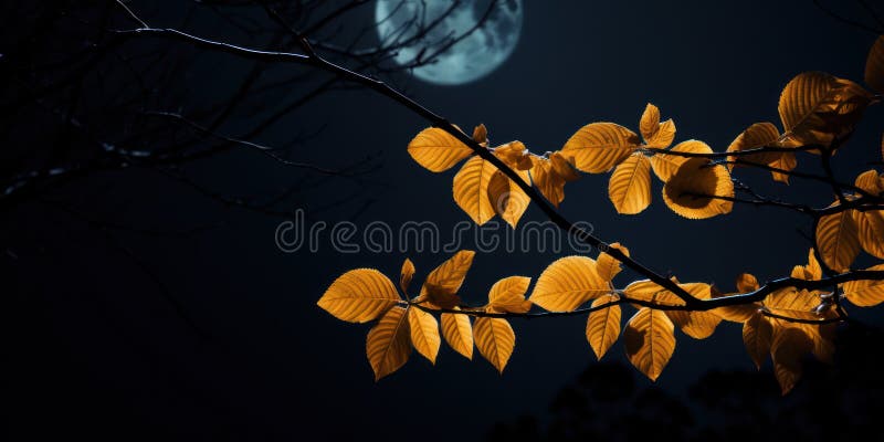 Golden Autumn Leaves Against Night Sky. Fall Leaves in Moonlight Stock ...