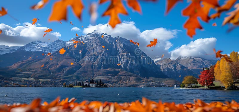 Golden Autumn Leaves Falling on Beautiful Lake Stock Photo - Image of ...