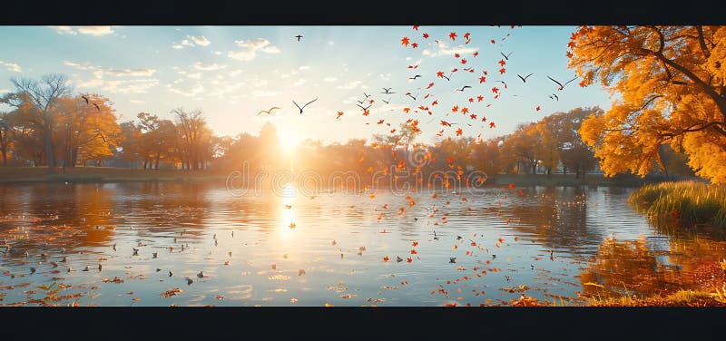 Golden Autumn Leaves Falling on Beautiful Lake Stock Illustration ...