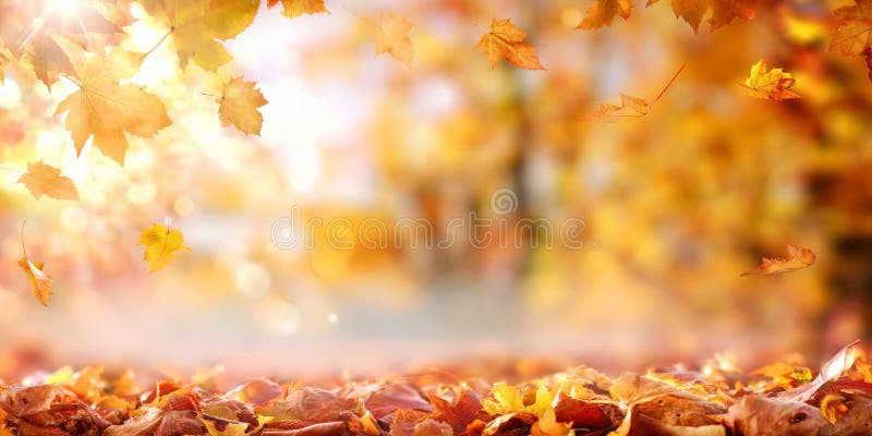 Golden Autumn Leaves Falling in Sunlit Forest. Autumn Scene, Banner ...