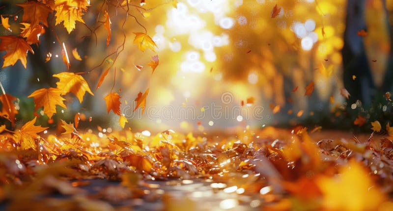 Golden Autumn Leaves Falling on a Sunny Day Stock Image - Image of ...