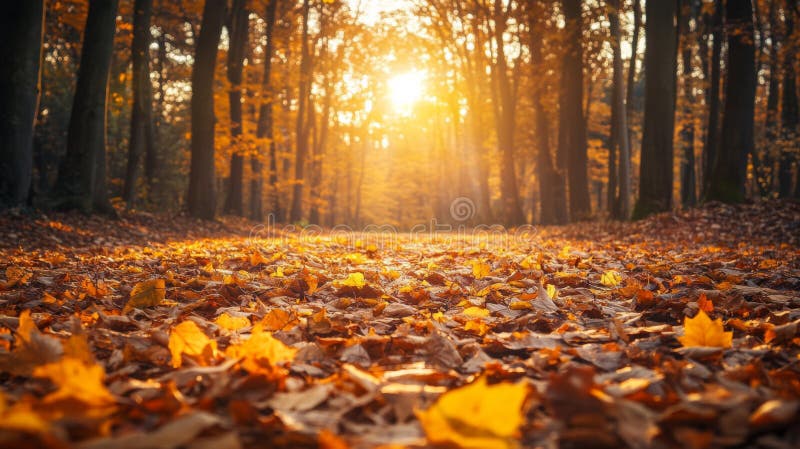 Golden Autumn Leaves on a Forest Path with Sunlight Shining through the ...