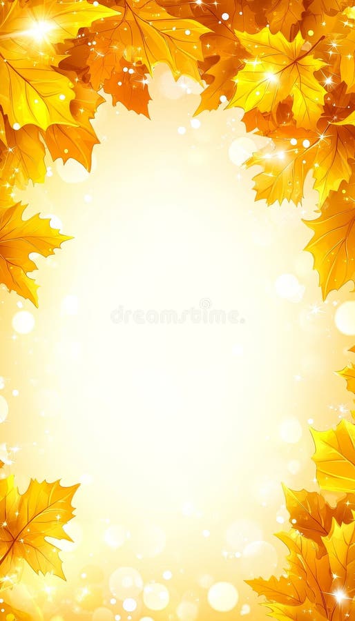 Golden Autumn Leaves Frame, Vibrant Fall Backdrop with Sparkling Lights ...