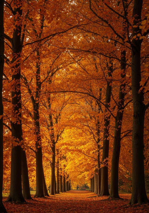 Golden Autumn Path through Vibrant Orange Trees Stock Photo - Image of ...