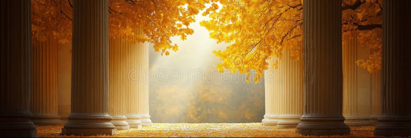 Golden Autumn Pathway through Ancient Columns Serene Autumnal Scene ...