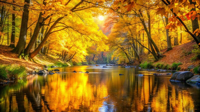 Golden Autumn Reflections on a Calm River in a Forest. Generative AI ...