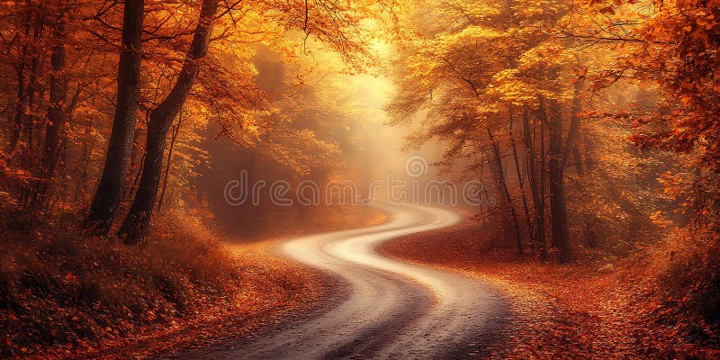 Golden Autumn Road Winding through a Forest Wallpaper Background Stock ...