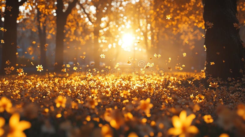 Golden Autumn Sunlight Falling on Fallen Leaves in Park Stock Photo ...