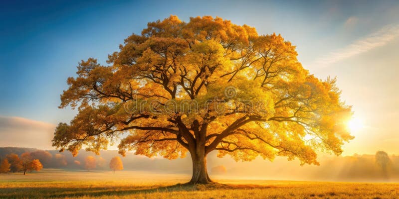 Golden Autumn Tree in a Misty Meadow at Sunrise. Generative AI Stock ...