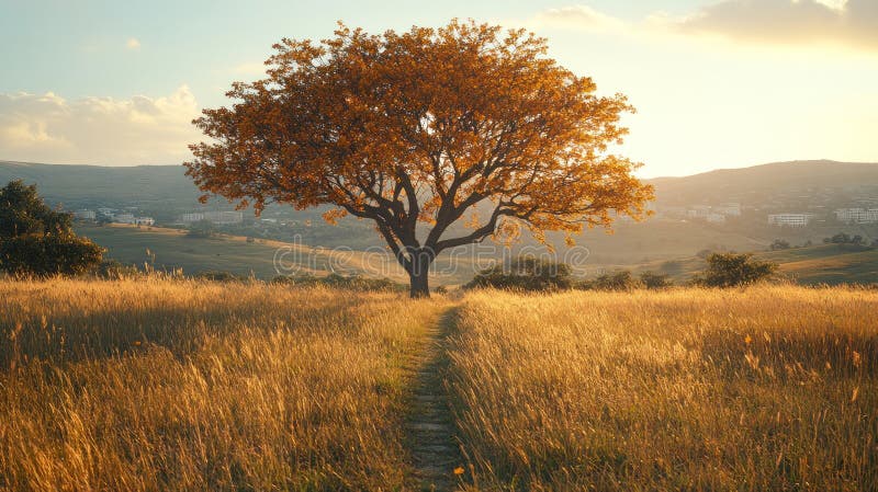 Golden Autumn Tree Path Meadow Sunrise Stock Photo - Image of serenity ...