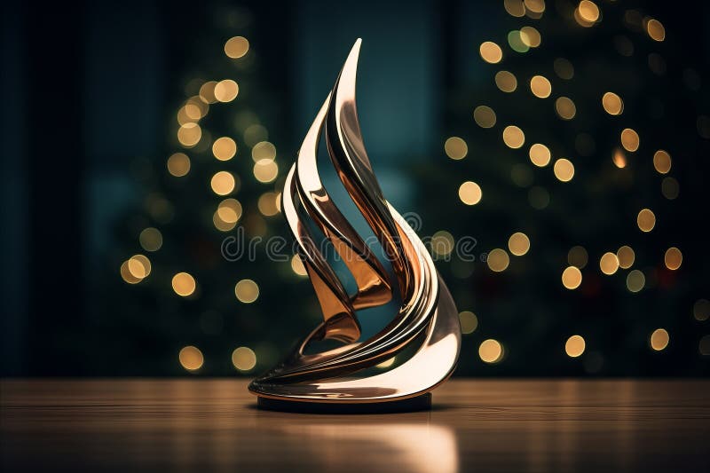 A Golden Award Sitting on a Table in Front of a Christmas Tree Stock ...