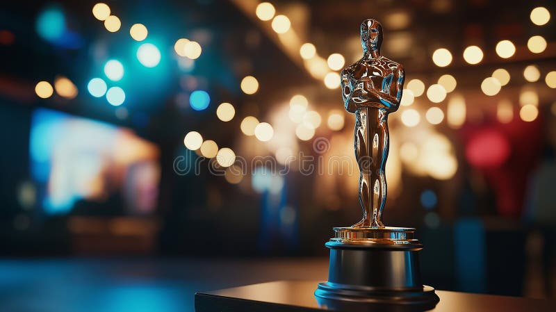 Golden Award Statue Stands on a Stage with a Blurred Backdrop of Lights ...