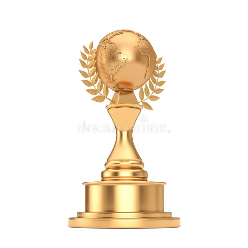 Golden Award Trophy with Golden Earth Globe and Laurel Wreath. 3d ...