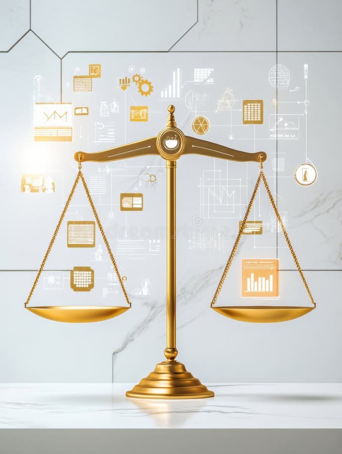 A Golden Balance Scale Symbolizes Justice, with Digital Graphs and ...
