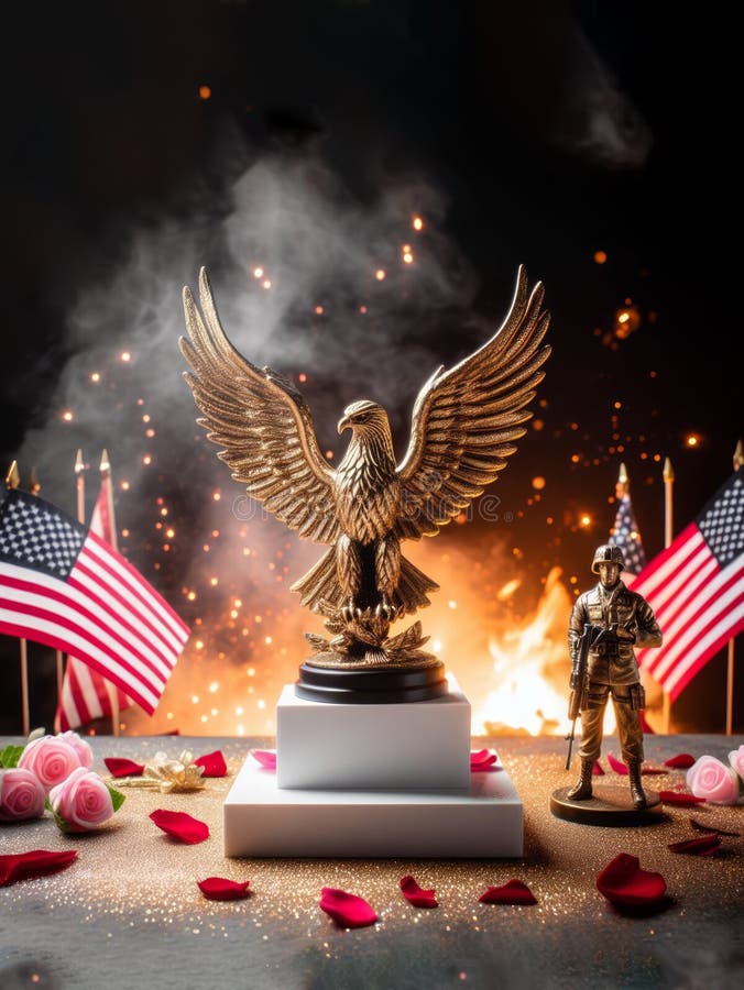 Golden Bald Eagle and American Flags Dramatic Fire Background, Ai ...