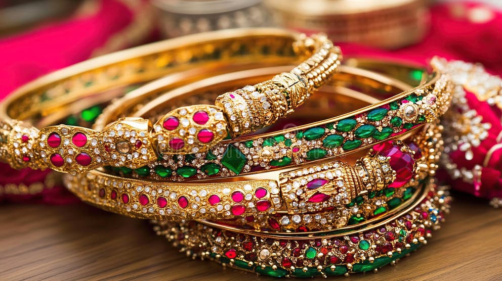 Golden Bangles, Gems, Indian Wedding, Table, Celebration Stock Photo ...