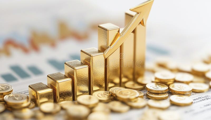 Golden Bar Graph Growing on a Document with Gold Coins and an Upward ...