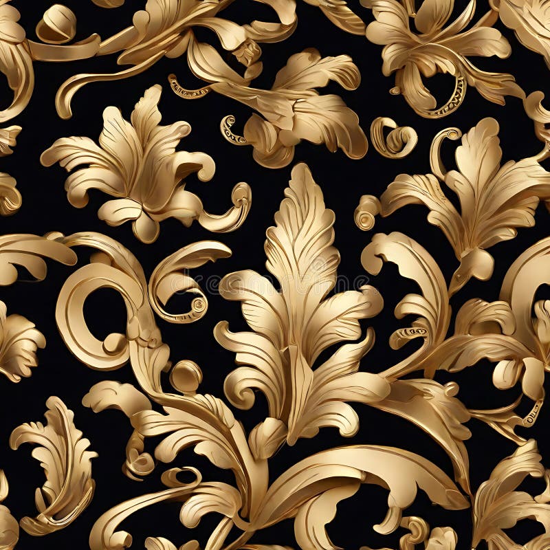 Golden Baroque Fabric Seamless Pattern on Black Background Stock ...